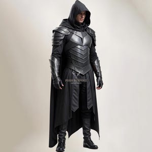 100% Handmade Black Leather Medieval Cloak Armor - Hooded Cloak Costume ...