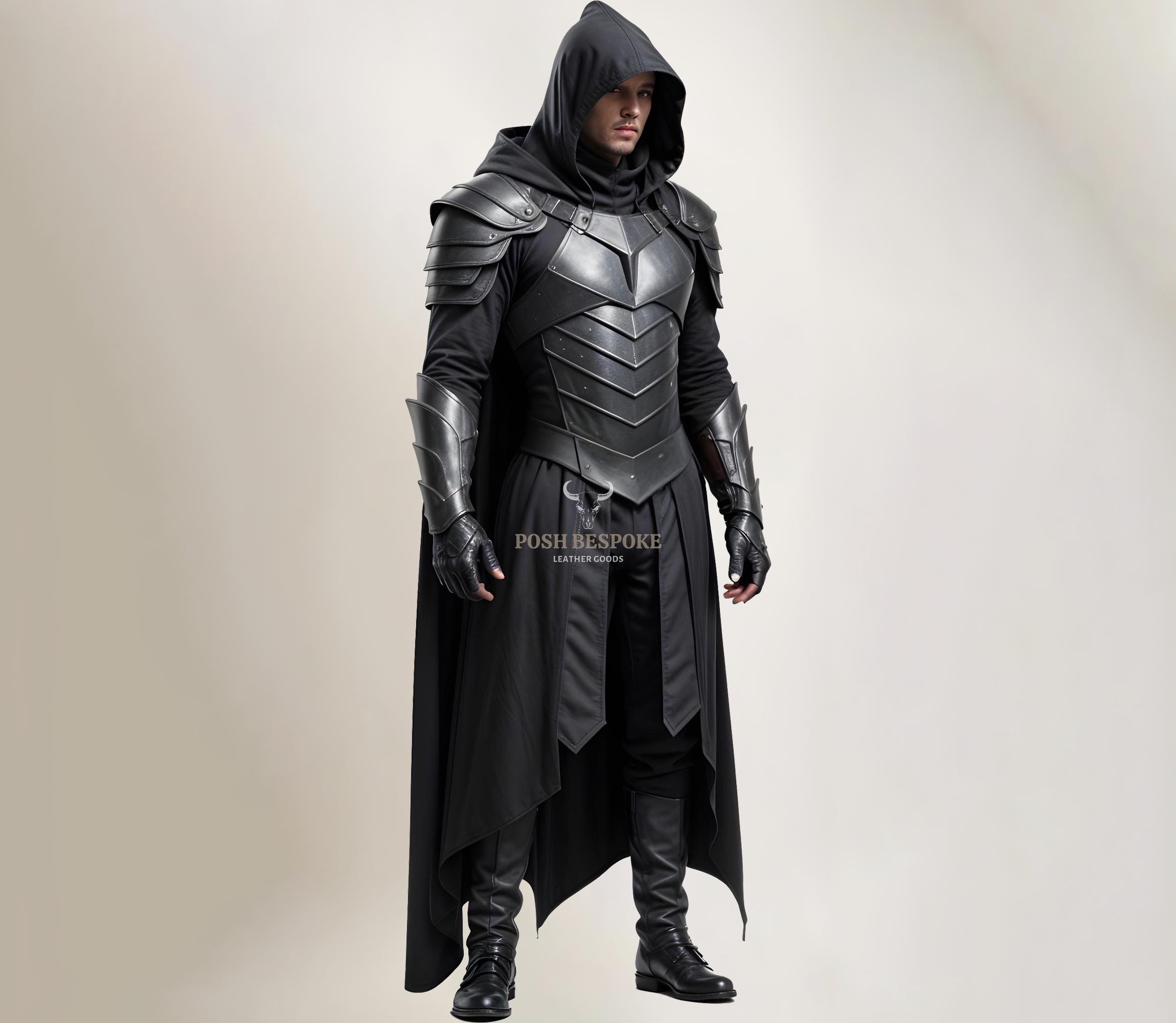 100% Handmade Black Leather Medieval Cloak Armor - Hooded Cloak Costume ...