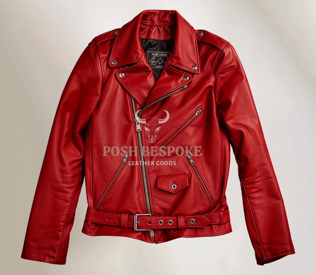 100% Real Leather Biker Jacket for Men - Genuine Red Leather Biker ...