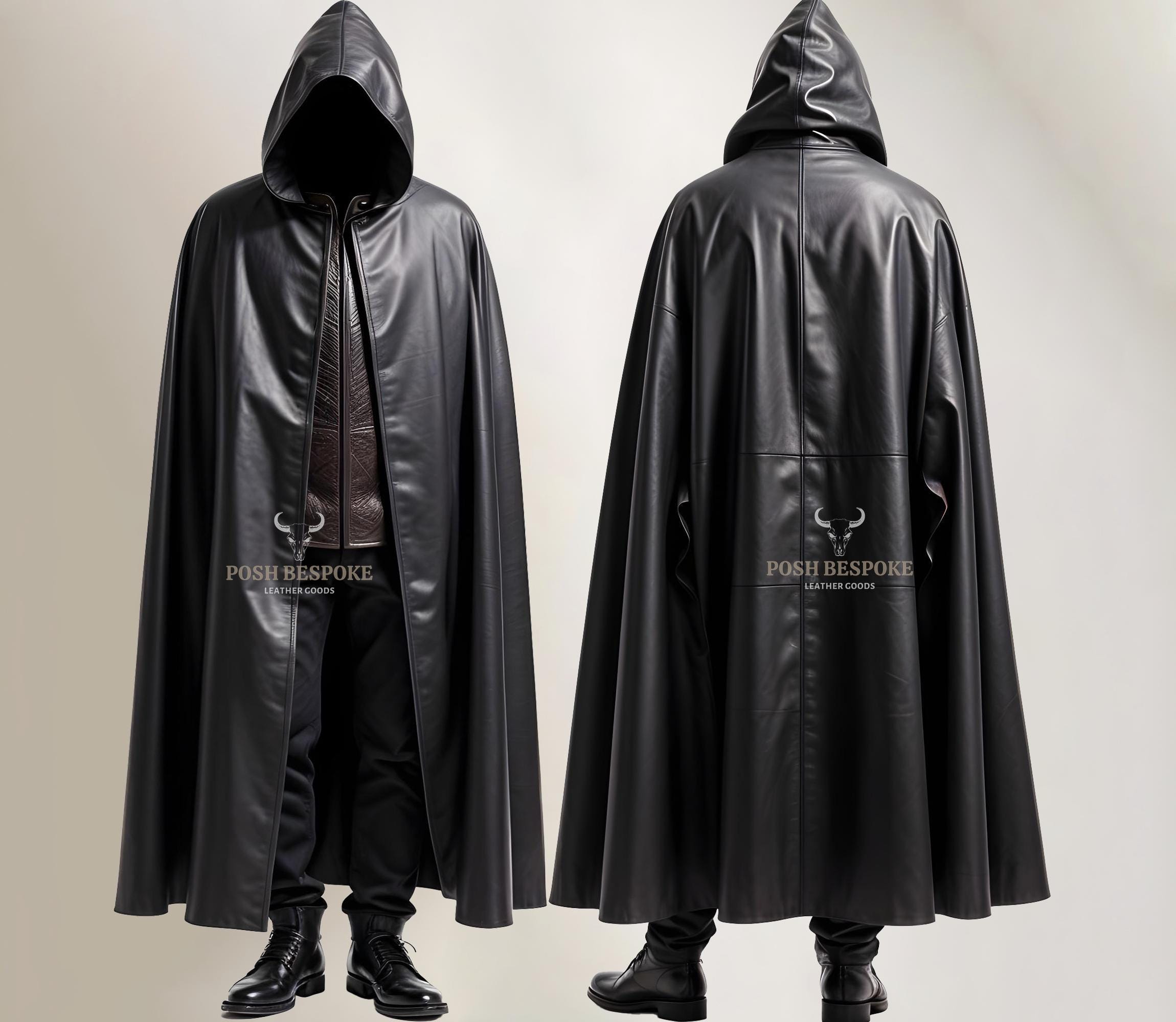 100% Black Leather Medieval Cloak - Hooded Cloak Costume for Cosplay ...