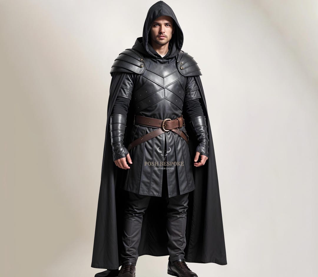 100% Genuine Black Leather Medieval Cloak Armor - Hooded Cloak Costume ...