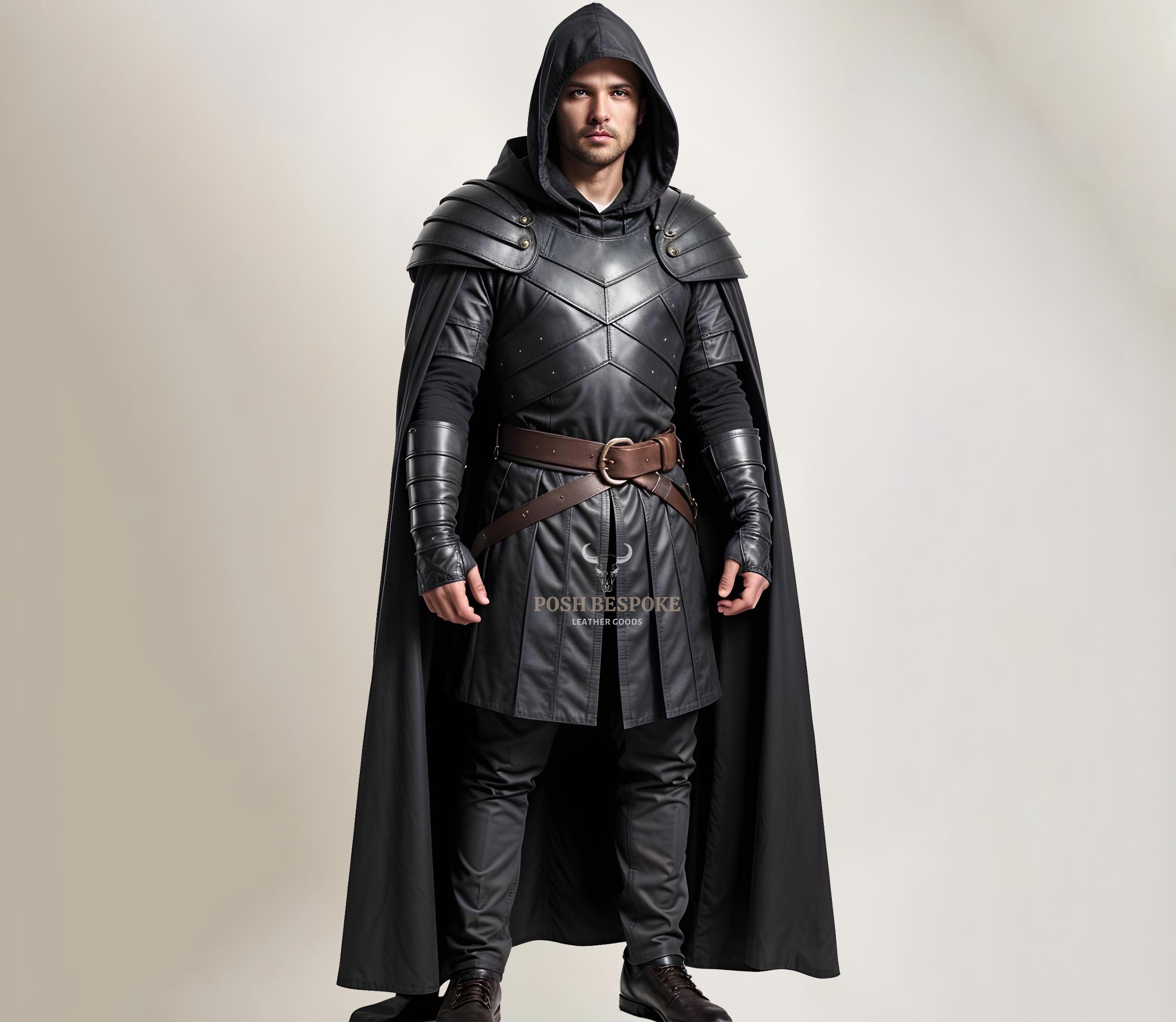 100% Genuine Black Leather Medieval Cloak Armor - Hooded Cloak Costume ...