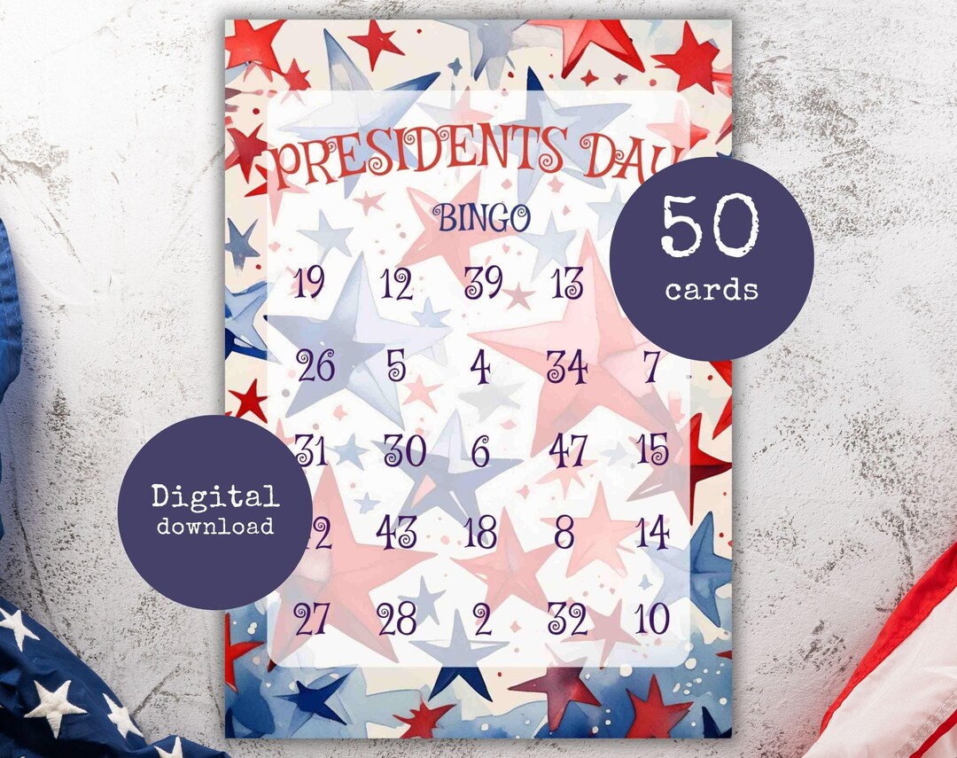 Presidents Day Bingo 50 Bingocards Kids Activity Family Game Presidents ...