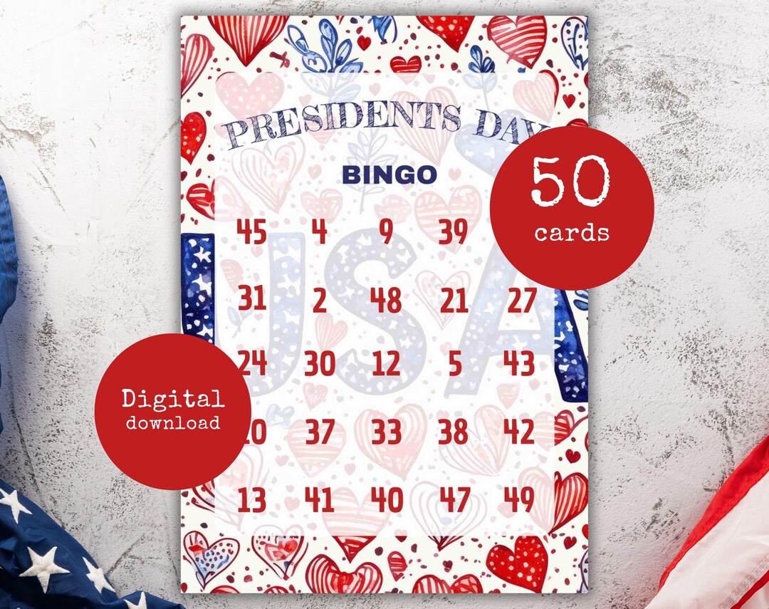 Presidents Day Bingo 50 Bingocards Kids Activity Family Game Presidents ...