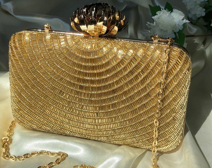 Golden Clutch Bag With Bugle Beadswork| Comes With Detachable Sling. - Etsy