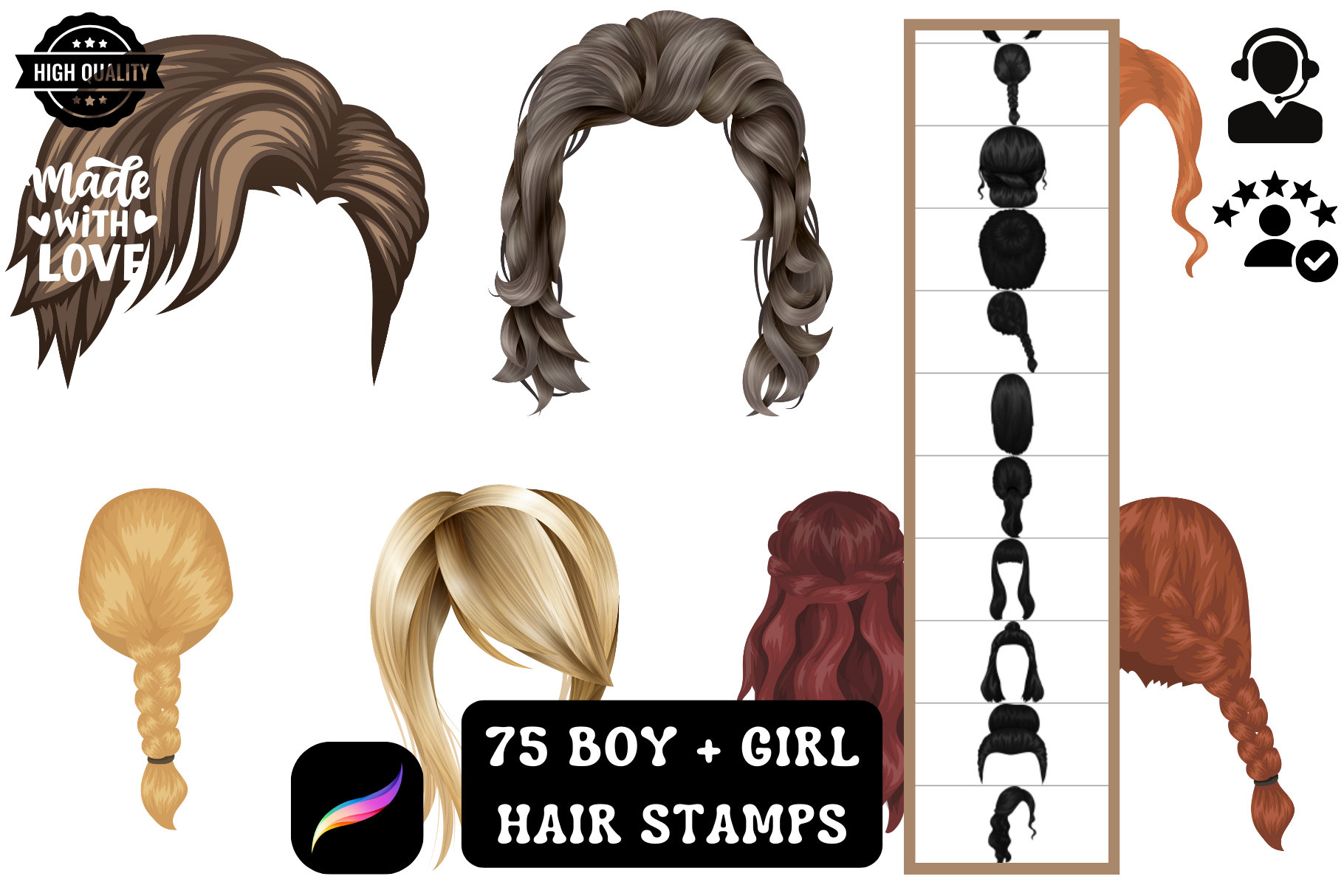 Procreate Stamps: Hair Mastery Collection, 75 Male and Female Hair ...
