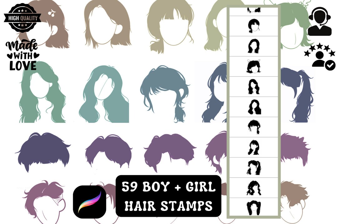 Procreate Stamps: Hair Mastery Collection, 55 Male and Female Hair ...