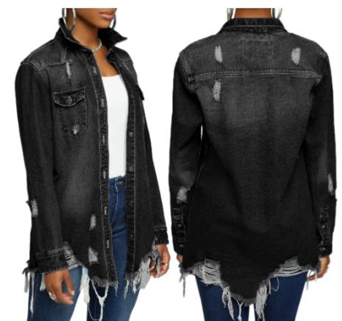 Denim Tunic Jacket Lightweight Distressed Black Blue Green - Etsy
