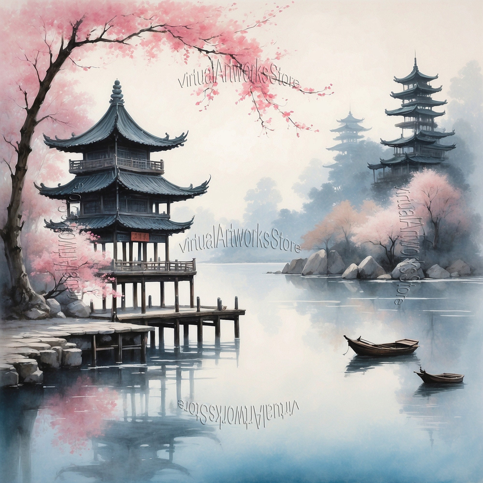 Pagoda Art Print, Asian Clipart Dreamy Landscape, Asian Nature, Cherry ...