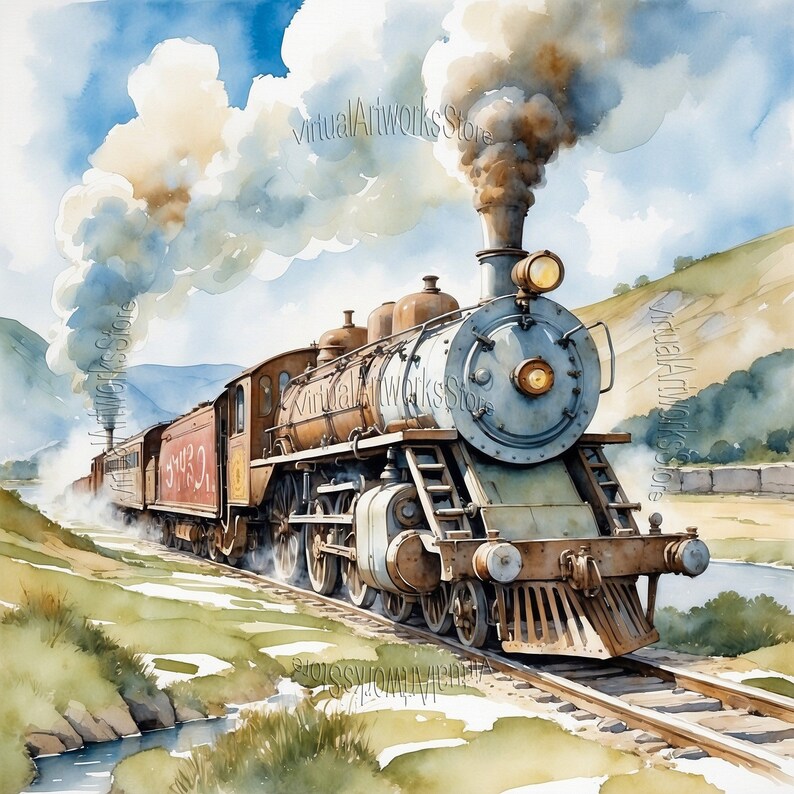 Vintage Train Watercolor Print, Locomotives Clipart, Antique Train ...