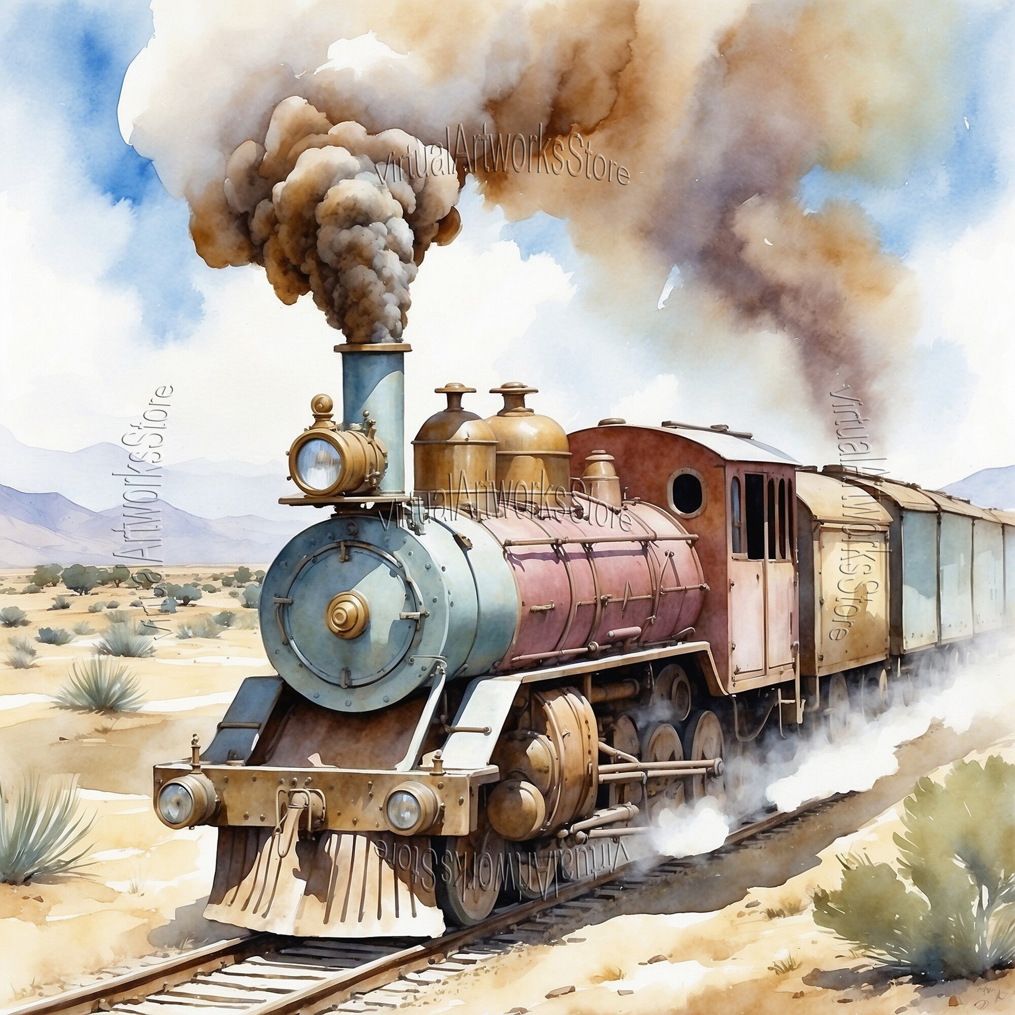 Vintage Train Watercolor Print, Locomotives Clipart, Antique Train ...