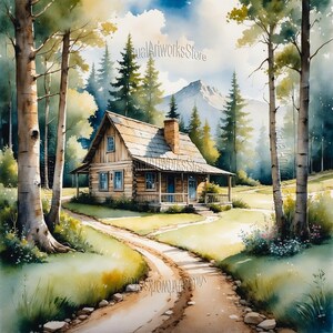 Watercolor Countryside Print, Rustic Cabin Landscape (digital Download ...