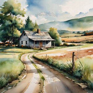 Watercolor Countryside Landscape, Jpgs, Printable Wall Decor, Nature ...