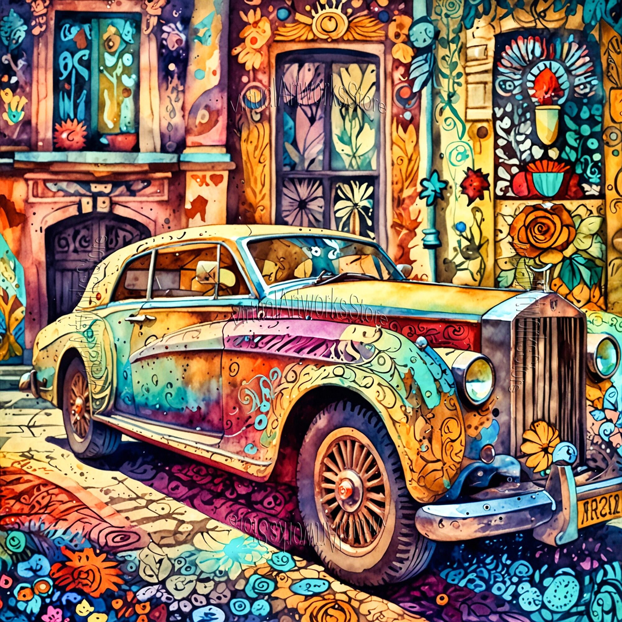 Vintage Vehicle Vibes, Antique Vehicles Illustration Vibrant Flowers ...