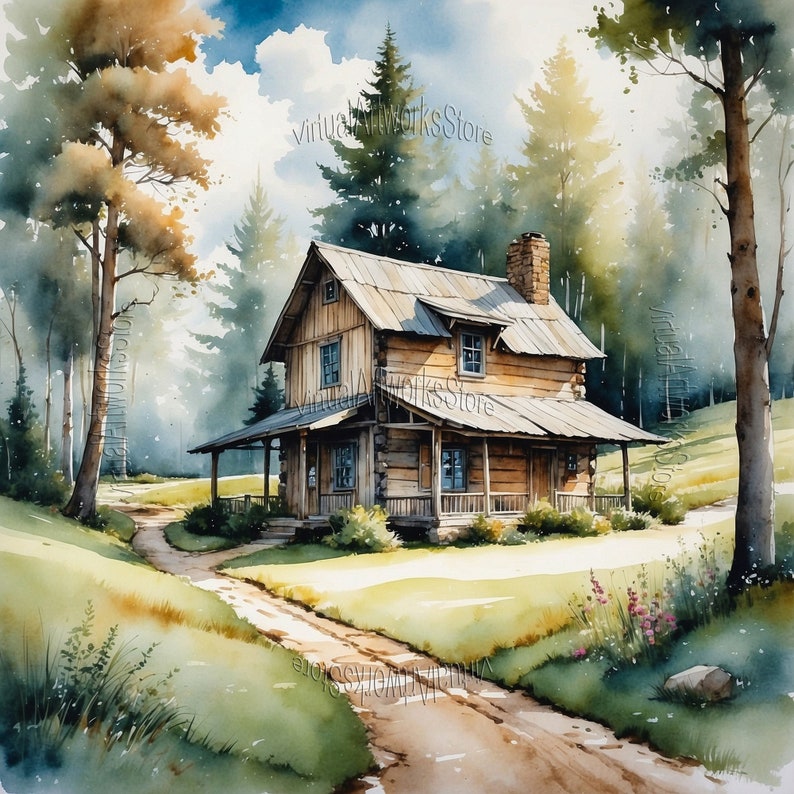 Watercolor Countryside Print, Rustic Cabin Landscape (digital Download ...