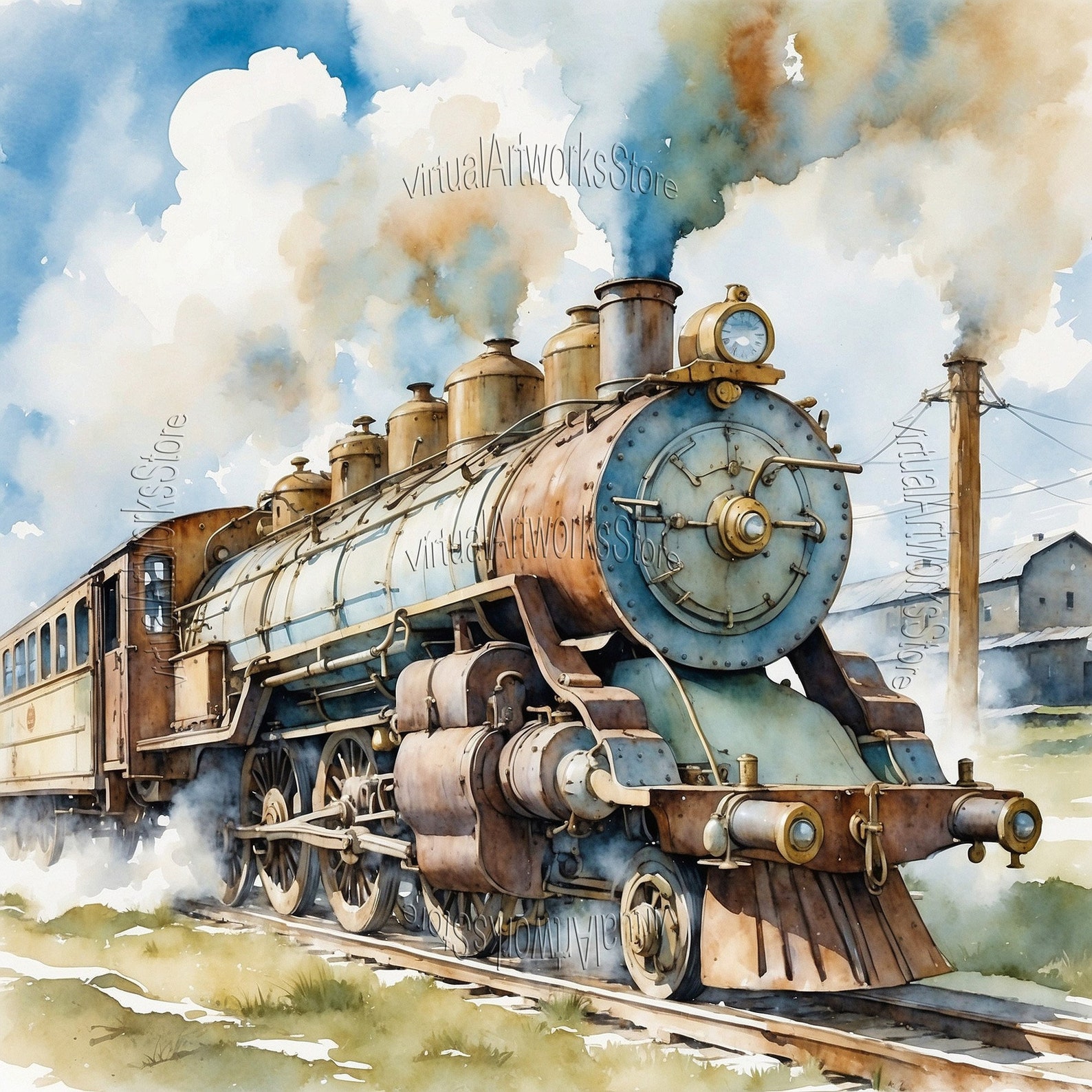 Vintage Train Watercolor Print, Locomotives Clipart, Antique Train ...