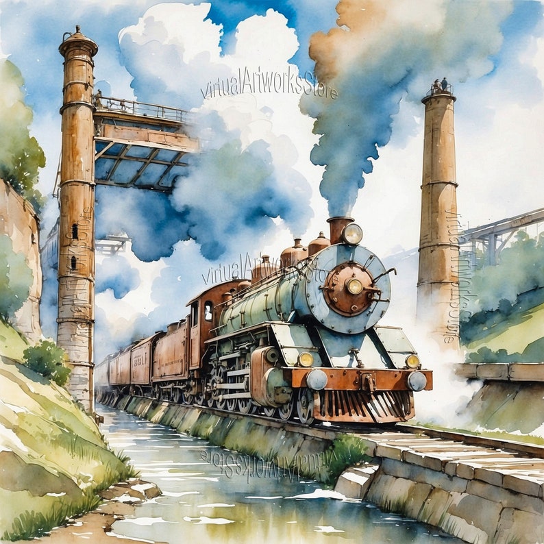 Vintage Train Watercolor Print, Locomotives Clipart, Antique Train ...