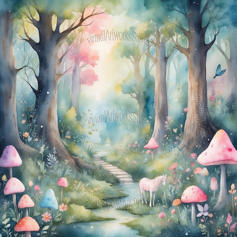 Fairy Garden Watercolor Clipart, Enchanted Forest Nursery Art (digital ...