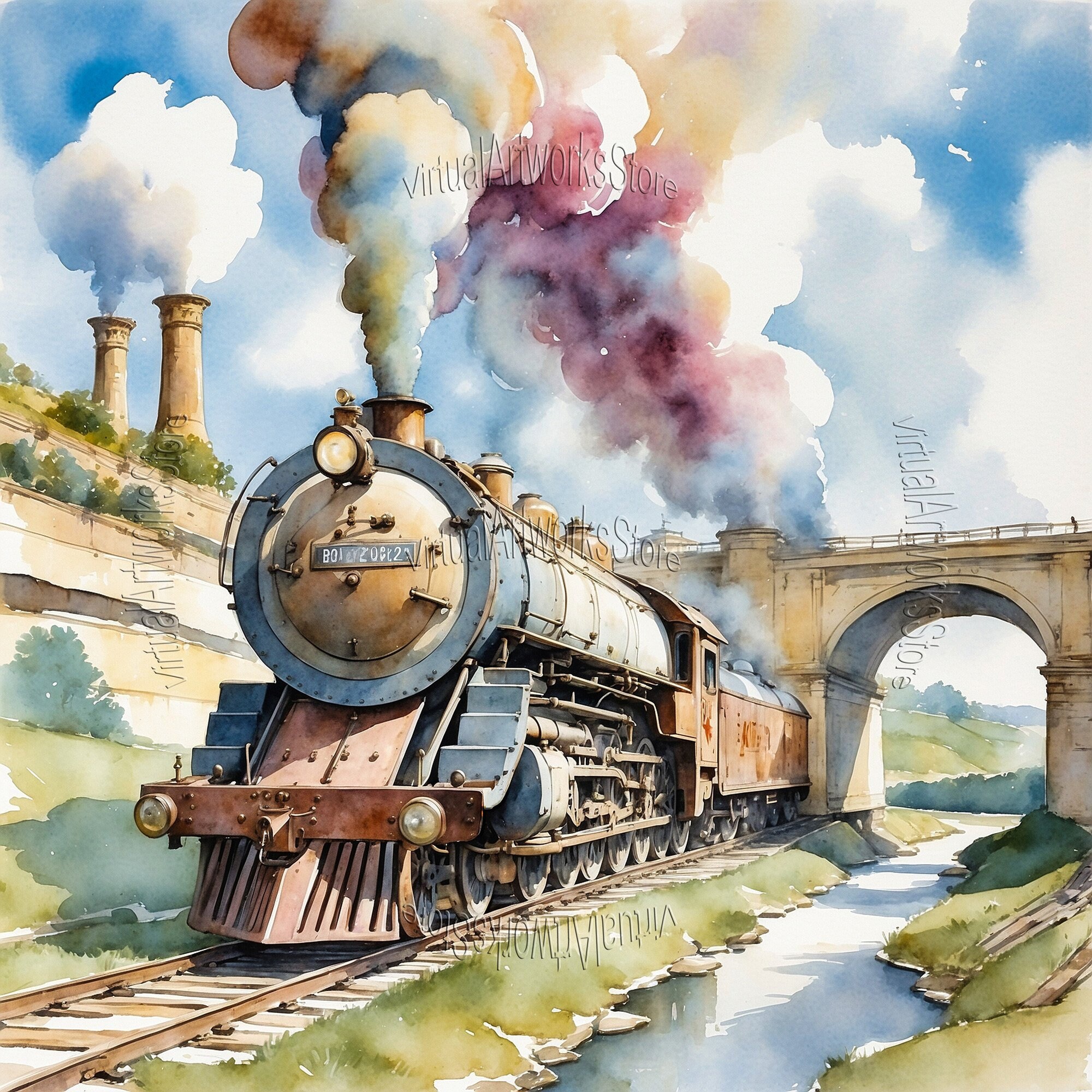 Vintage Train Watercolor Print, Locomotives Clipart, Antique Train ...