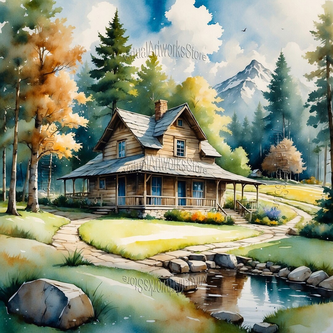 Watercolor Countryside Landscape, Jpgs, Printable Wall Decor, Nature ...