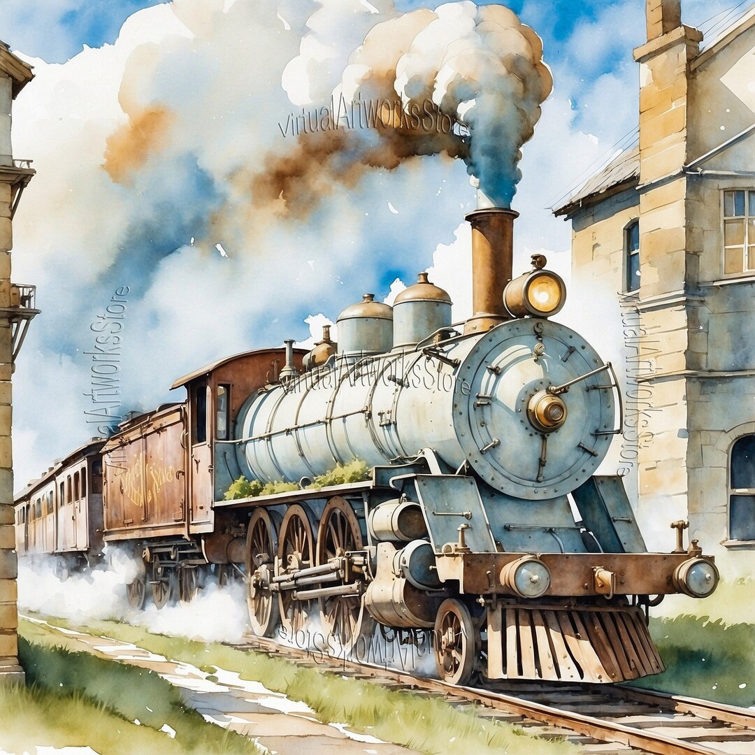 Vintage Train Watercolor Print, Locomotives Clipart, Antique Train ...