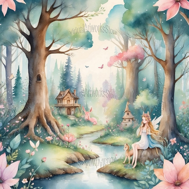 Fairy Garden Watercolor Clipart Enchanted Forest Fairytale Printable ...