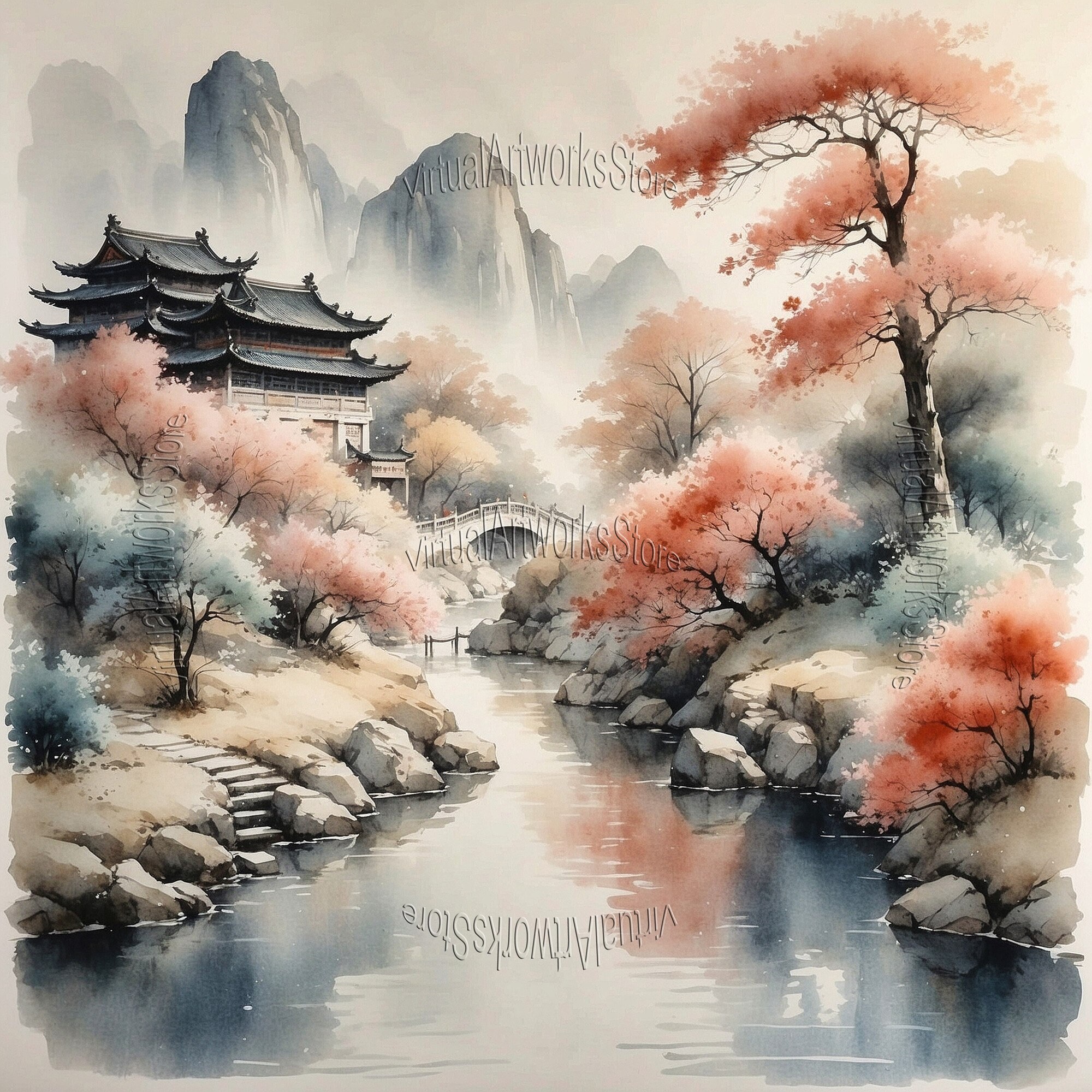 Pagoda Art Print, Asian Clipart Dreamy Landscape, Asian Nature, Cherry ...