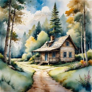 Watercolor Countryside Print, Rustic Cabin Landscape (digital Download ...