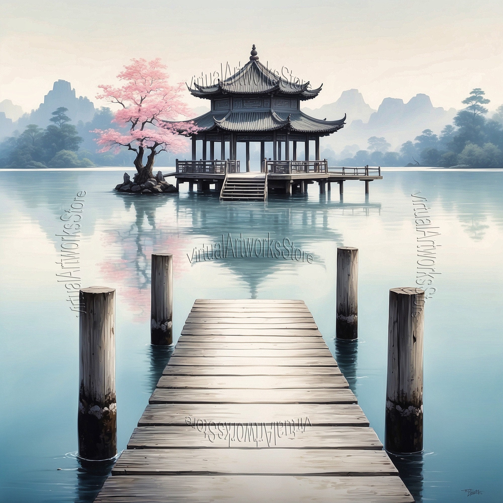 Pagoda Art Print, Asian Clipart Dreamy Landscape, Asian Nature, Cherry ...