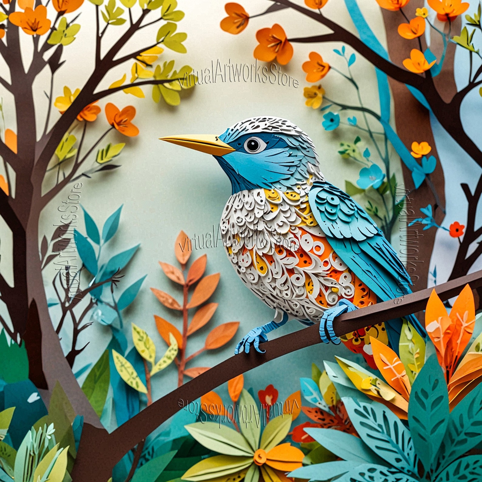 Paper Cutout Bird Art Print, 3D Style Bird Illustration (digital ...
