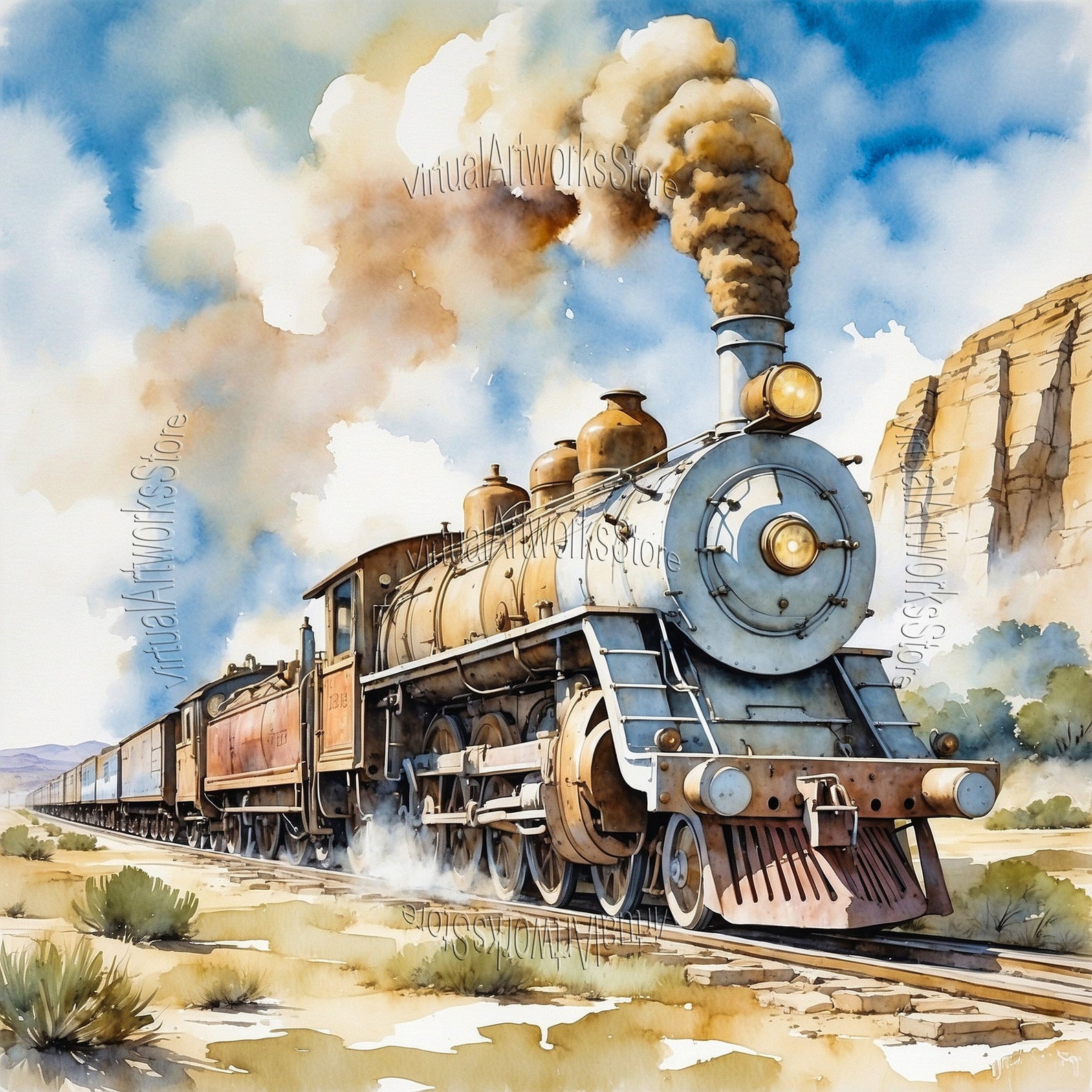 Vintage Train Watercolor Print, Locomotives Clipart, Antique Train ...