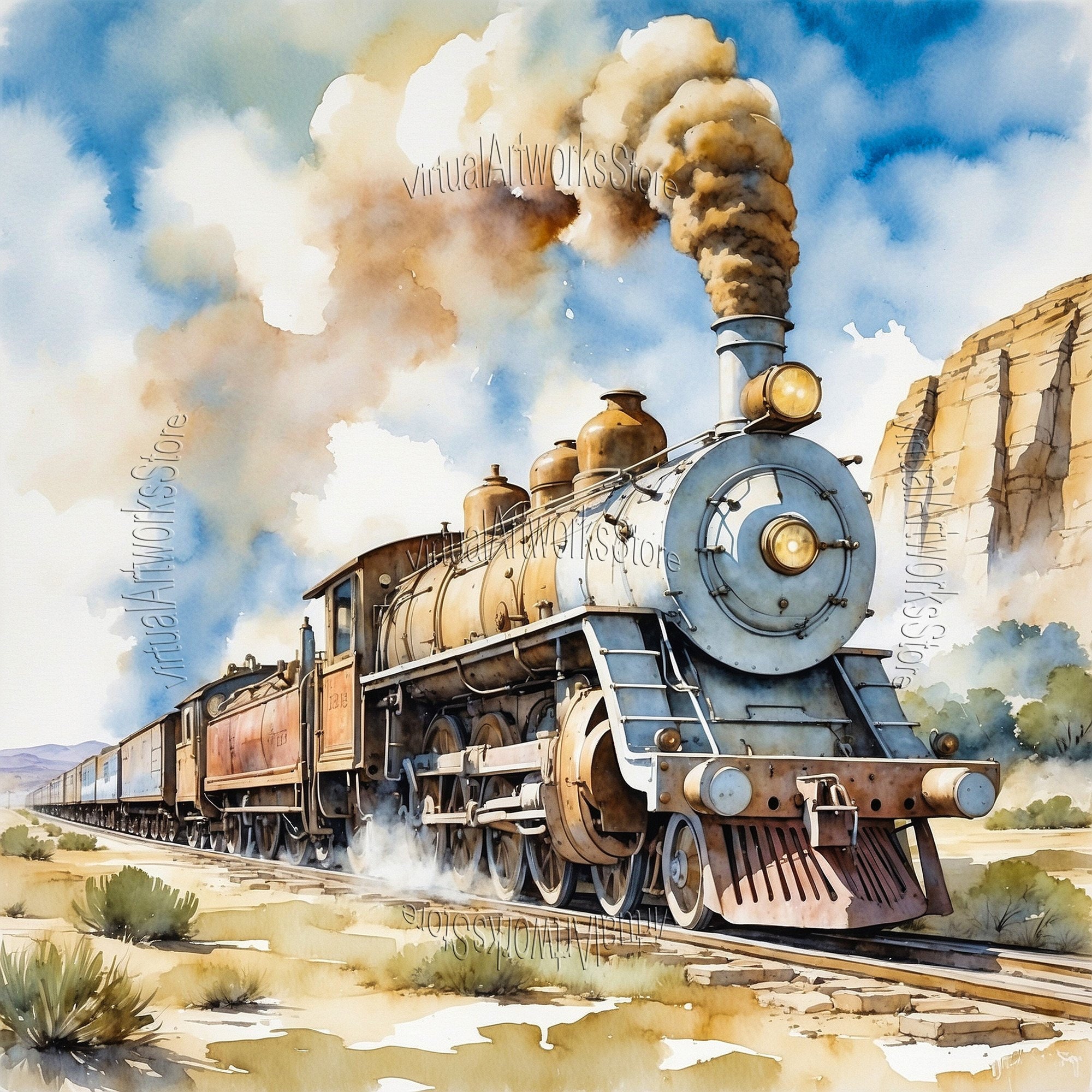 Vintage Train Watercolor Print, Locomotives Clipart, Antique Train ...