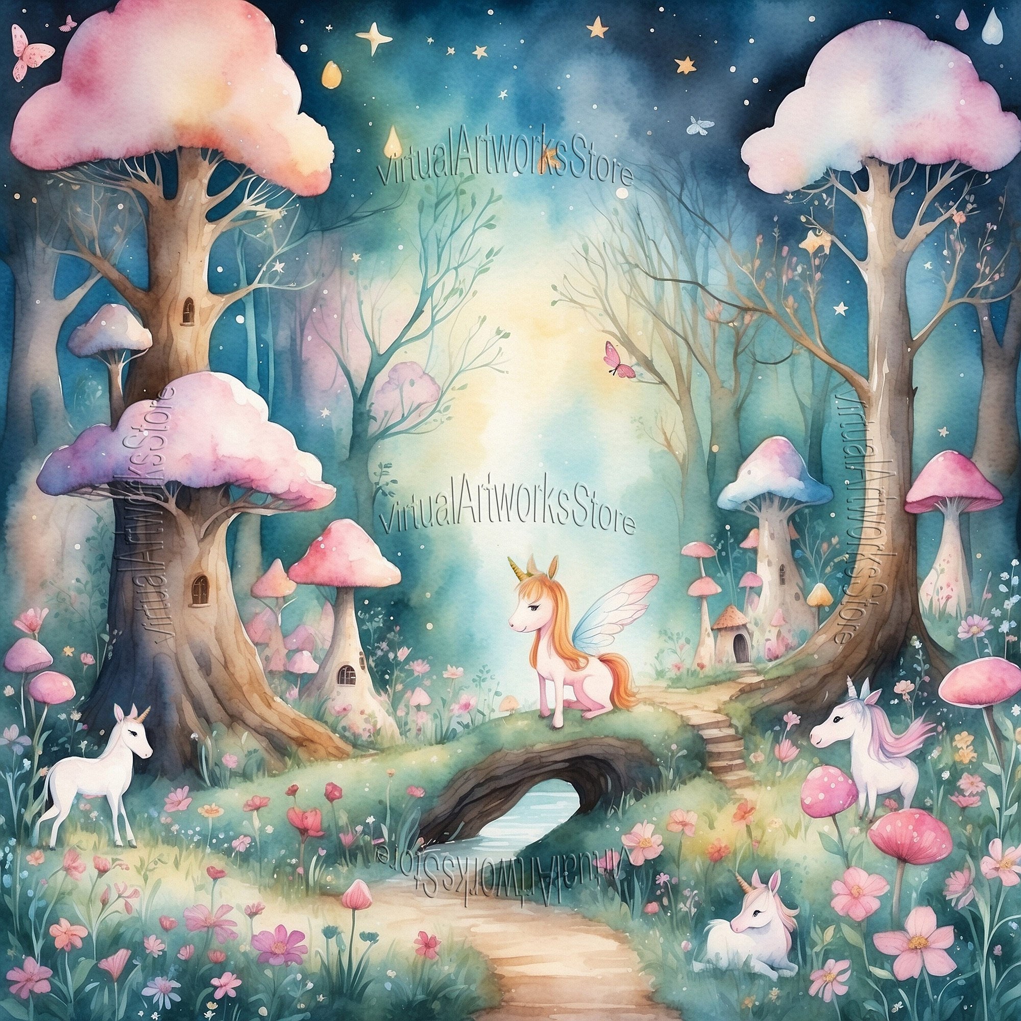 Fairy Garden Watercolor Clipart Enchanted Forest Fairytale Printable ...