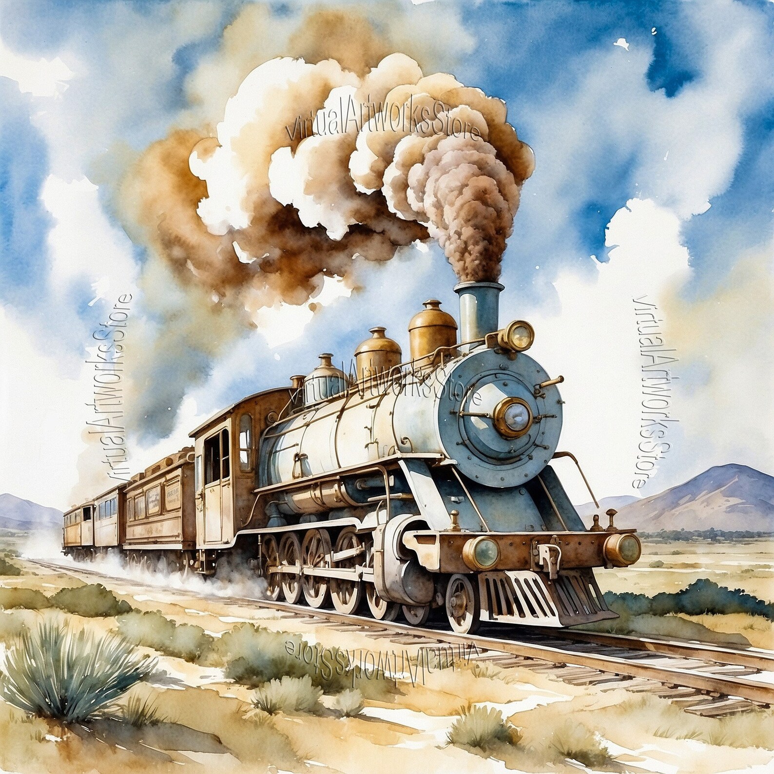 Vintage Train Watercolor Print, Locomotives Clipart, Antique Train ...