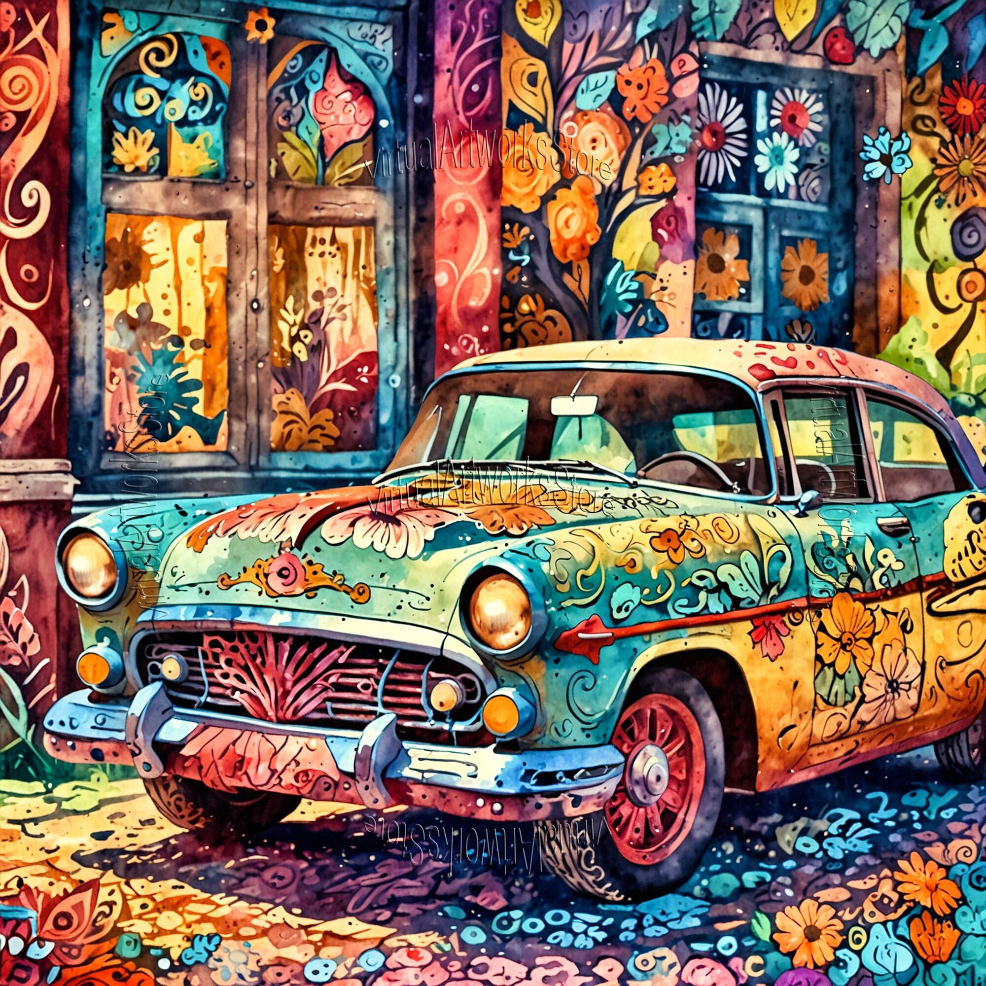 Vintage Vehicle Vibes, Antique Vehicles Illustration Vibrant Flowers ...