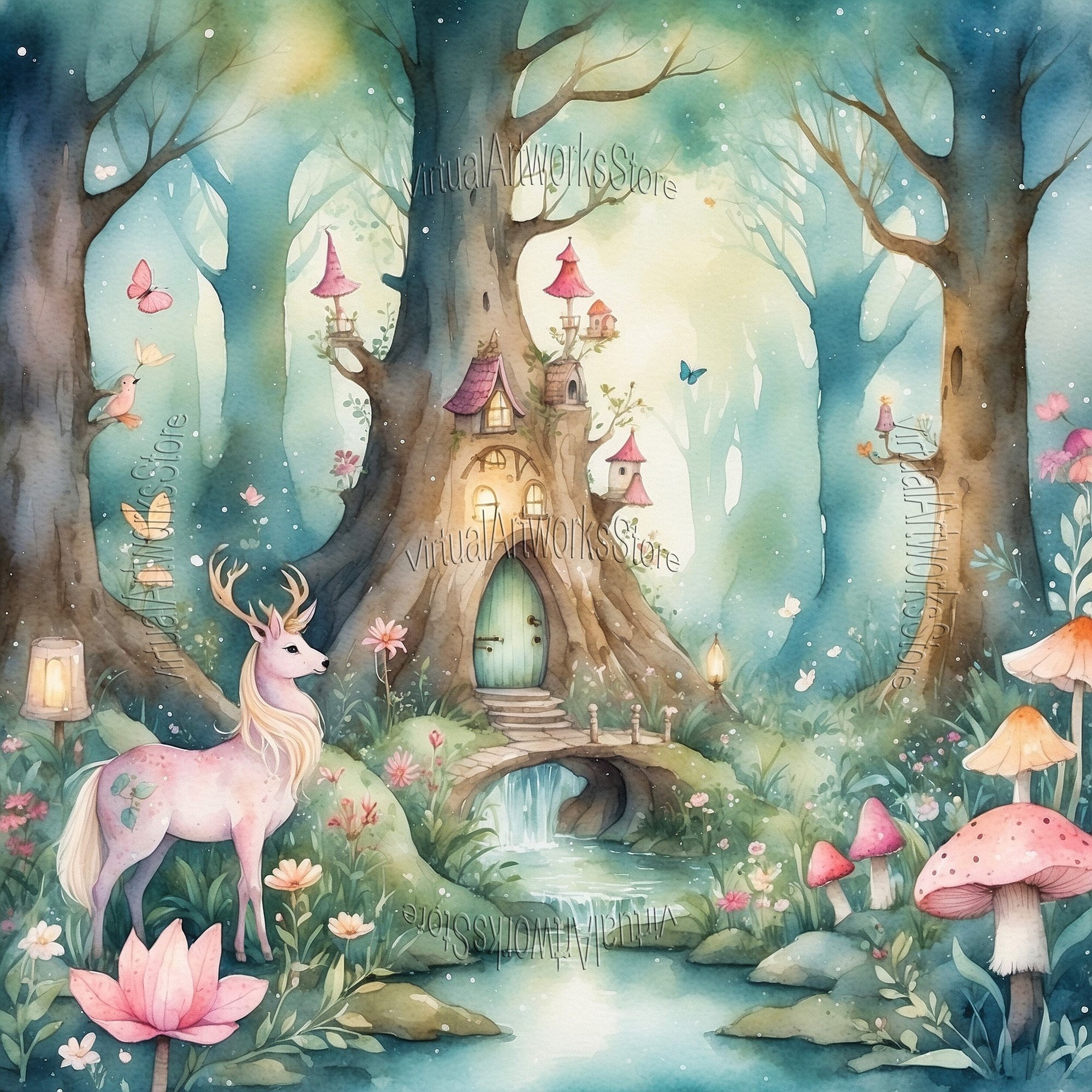 Fairy Garden Watercolor Clipart Enchanted Forest Fairytale Printable ...