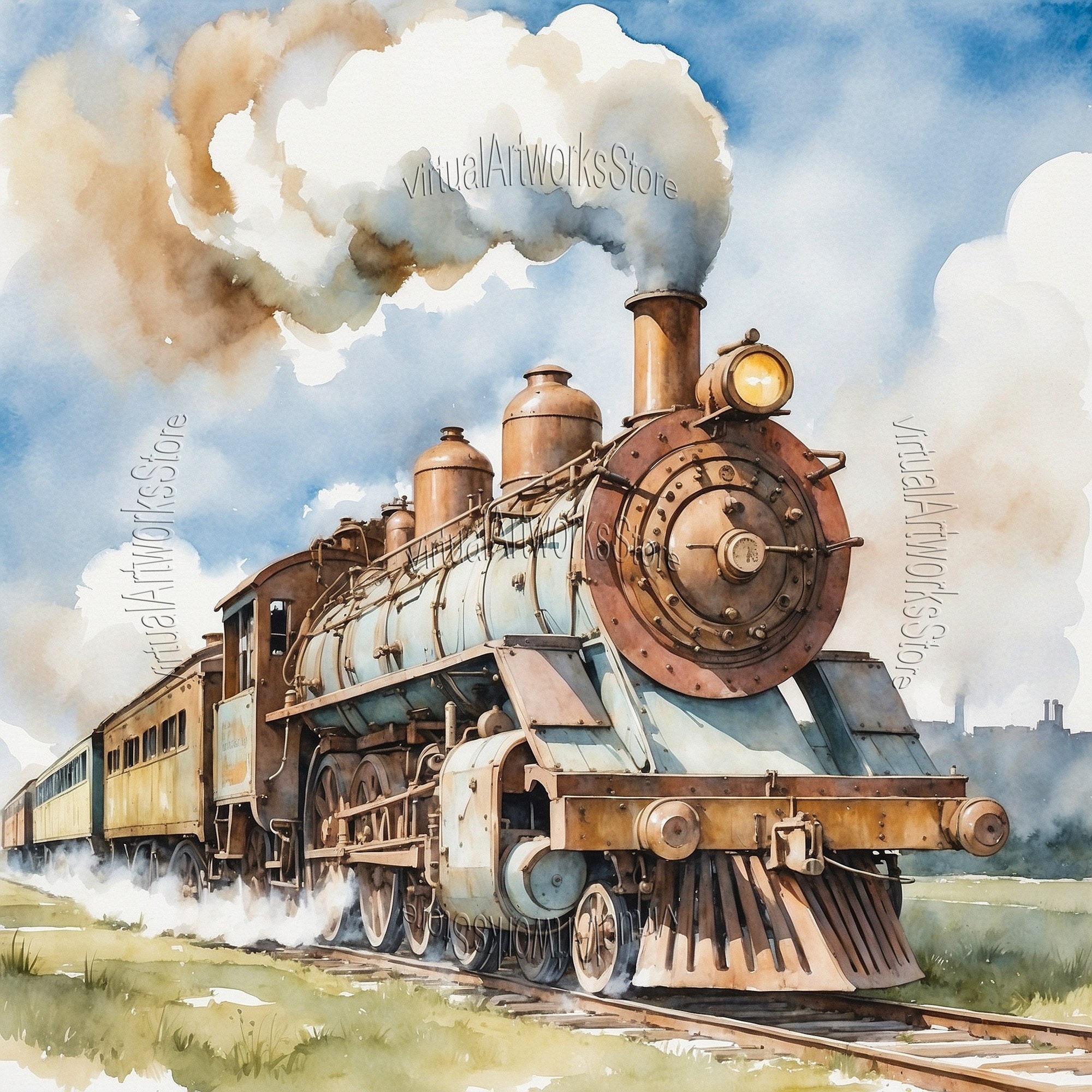 Vintage Train Watercolor Print, Locomotives Clipart, Antique Train ...