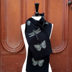 Black Dragonfly and Butterfly Scarf - Thick Black Knit Scarf in Merino ...