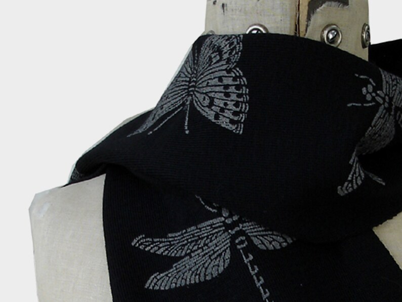 Black Dragonfly and Butterfly Scarf Thick Black Knit Scarf in Merino ...