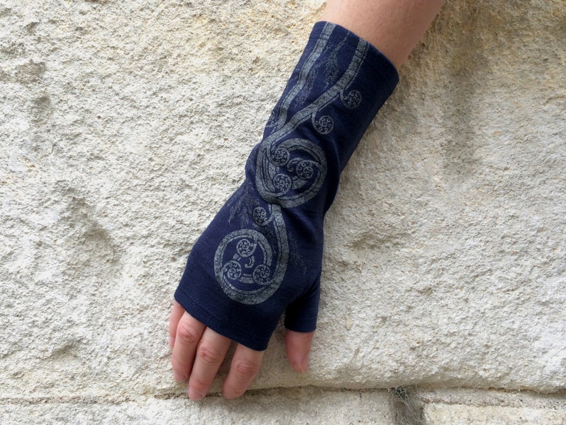 Ink Blue Merino Wool Fingerless Gloves Blue Gloves Printed - Etsy