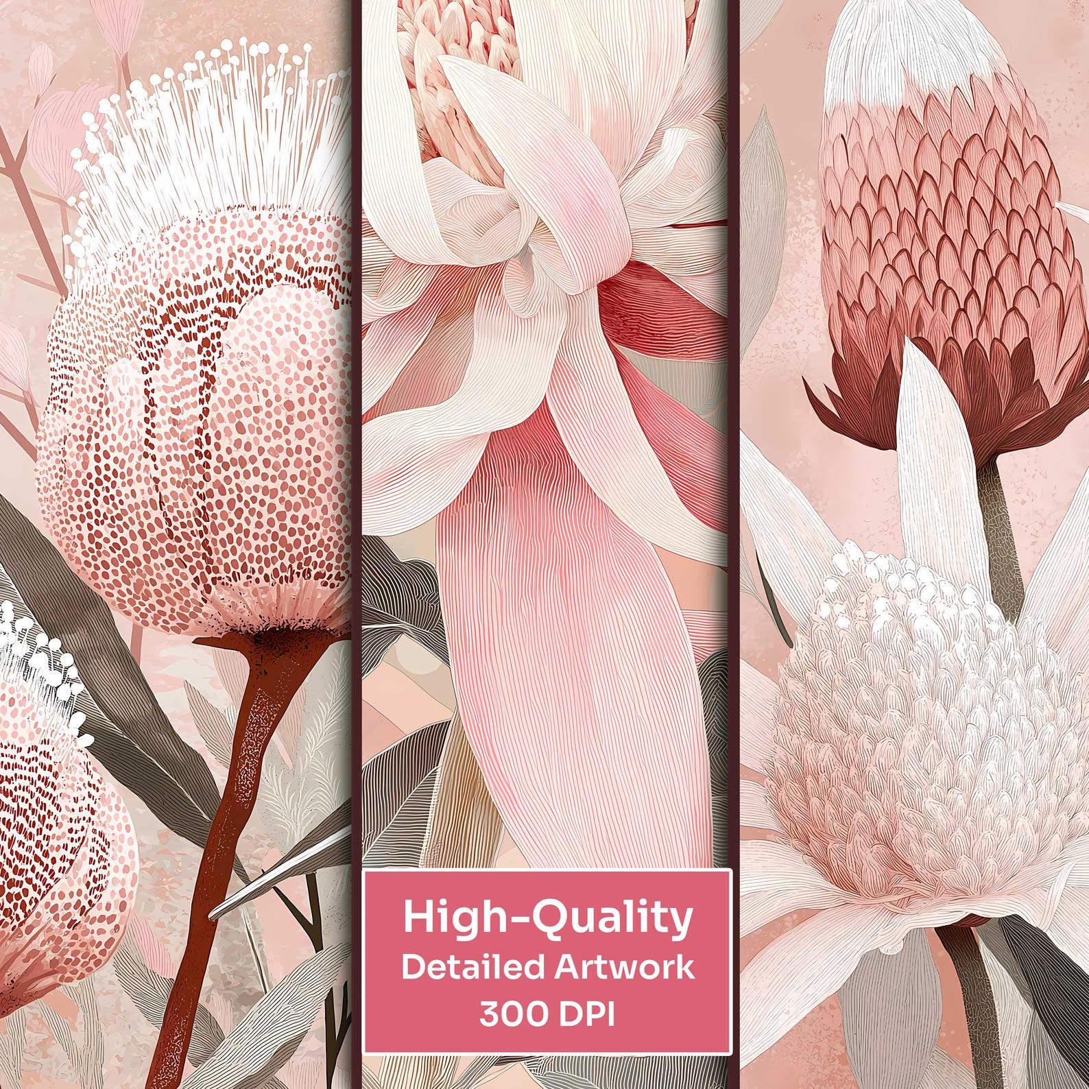 Botanical Wall Art Australian Flowers Poster Set of 3 Pink Flower ...