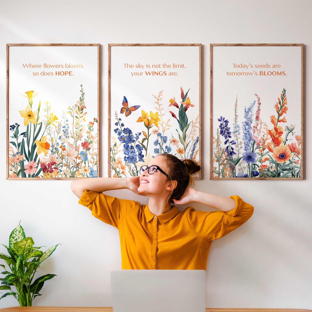 Motivational Flower Poster Set of 3 - Floral Wall Art Set Inspirational ...