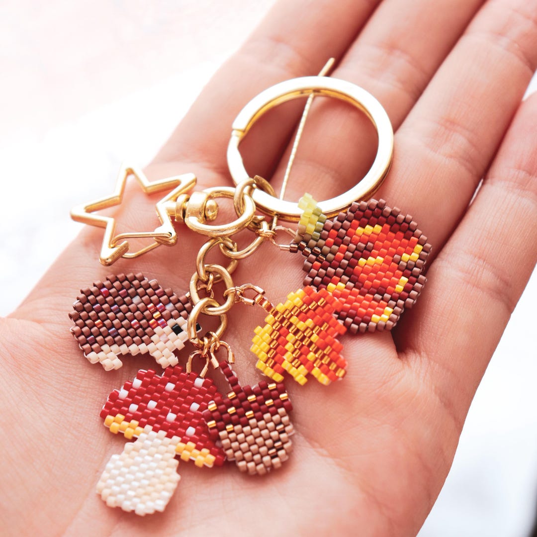 Autumn Keychain – Pumpkin, Mushroom & Acorn Charms – Beaded Fall Bag ...