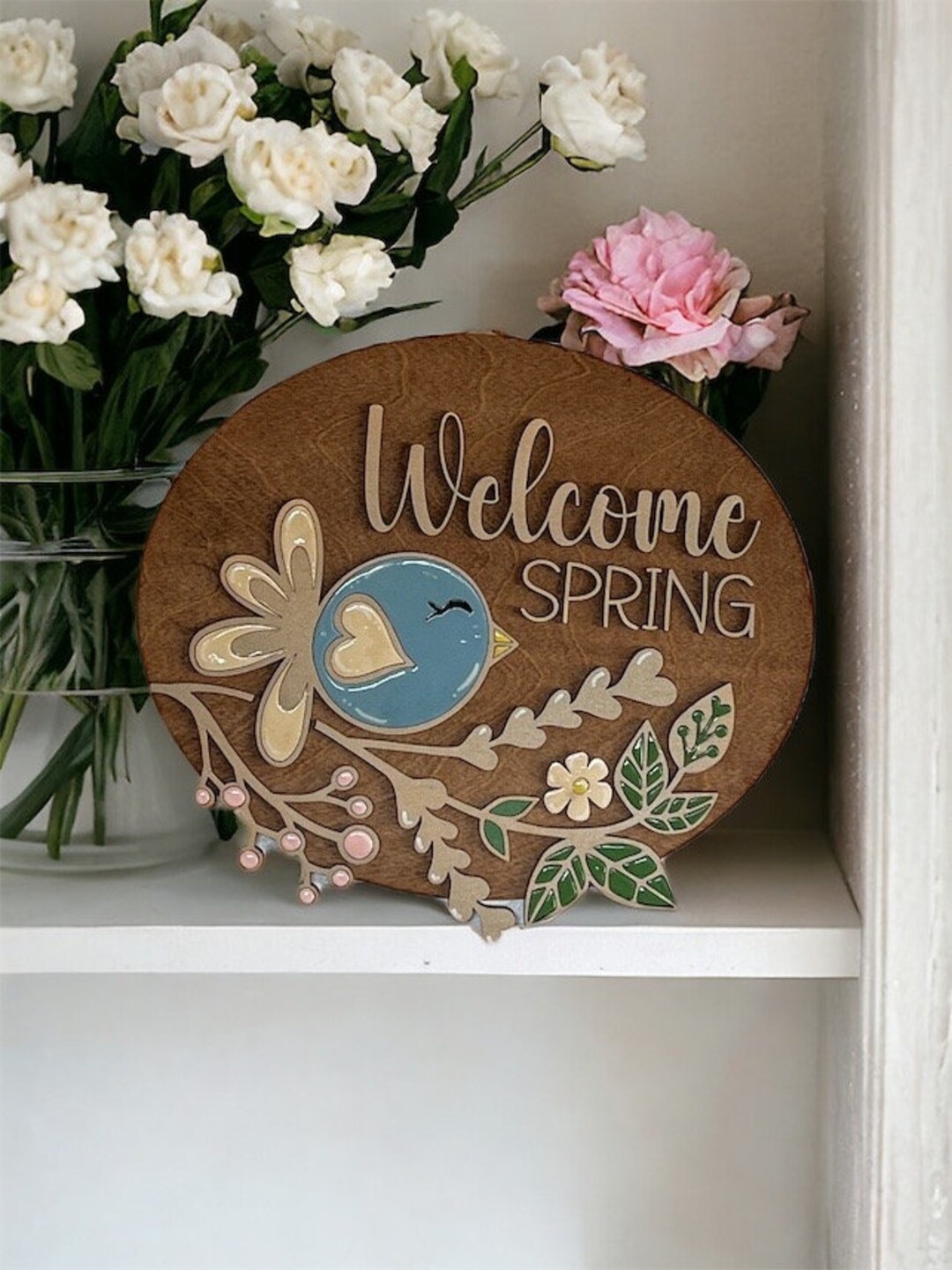 Welcome Spring Sign With Blue Bird and Florals - Hanging or Shelf Decor ...