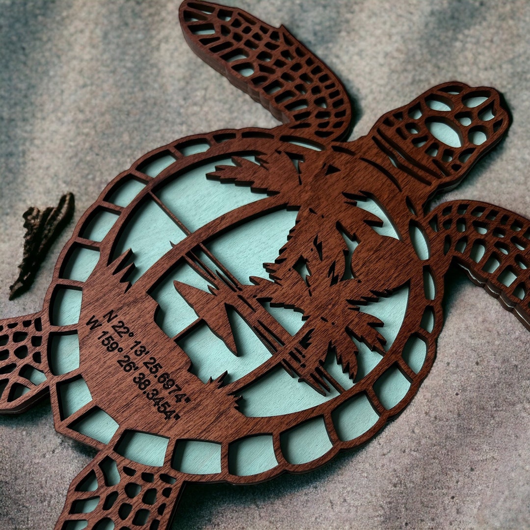 Laser Cut Sea Turtle Wall Decor: Custom Beach Scene, GPS Coordinates - Etsy