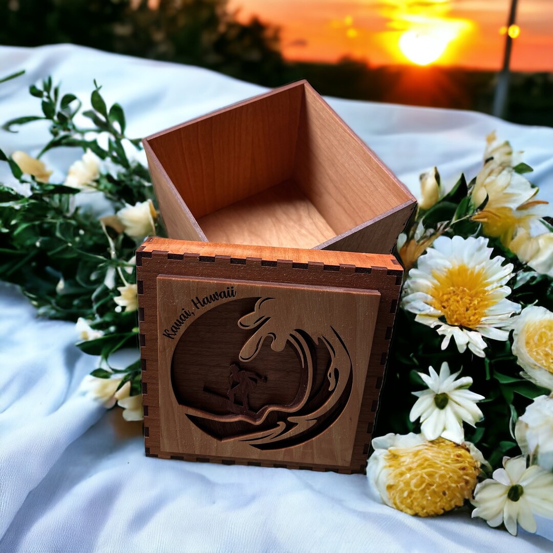 Surfer Barrel Wave Wood Storage Box With Lid - Handcrafted Wooden ...