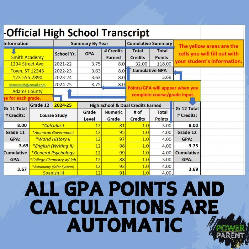 High School Transcript Template With GPA Calculator - Etsy