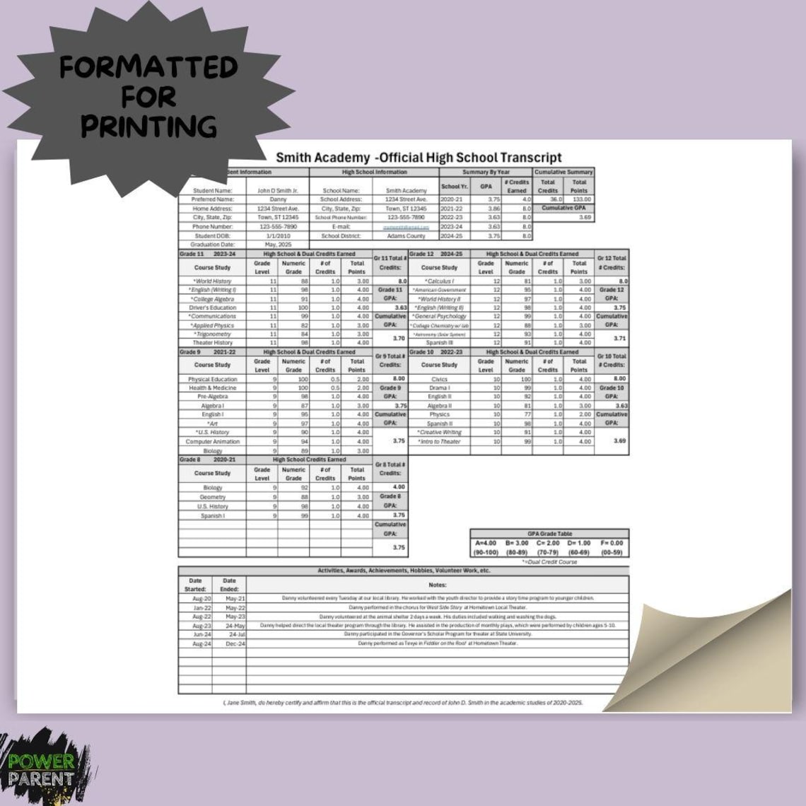 5-year High School Transcript Template | Excel & Google Sheets ...
