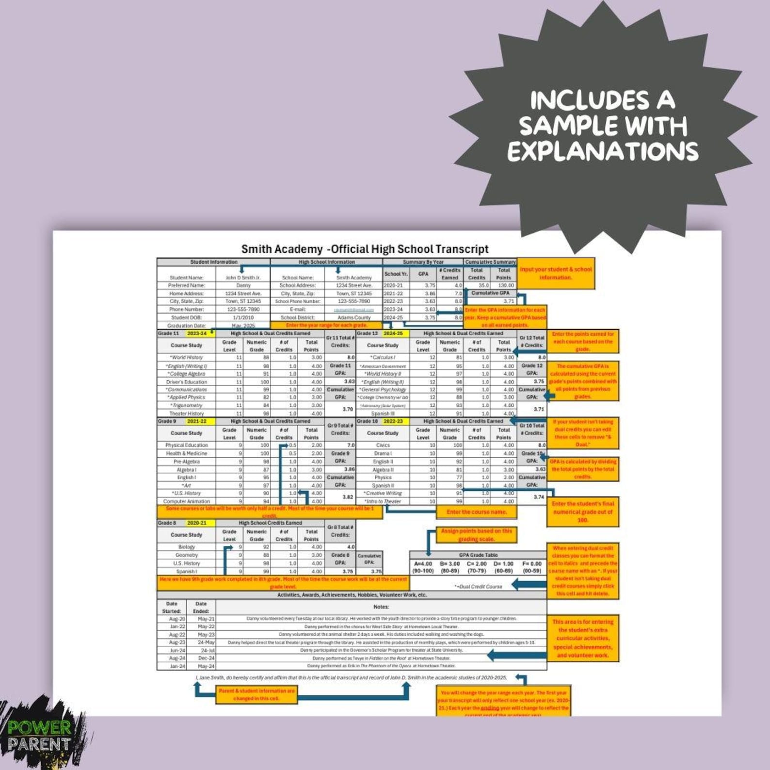 5-year High School Transcript Template | Excel & Google Sheets ...