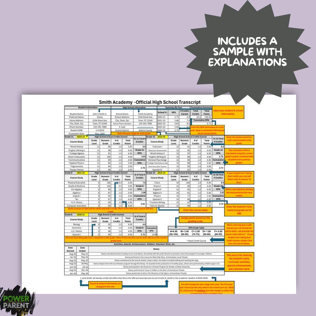 5-year High School Transcript Template | Excel & Google Sheets ...